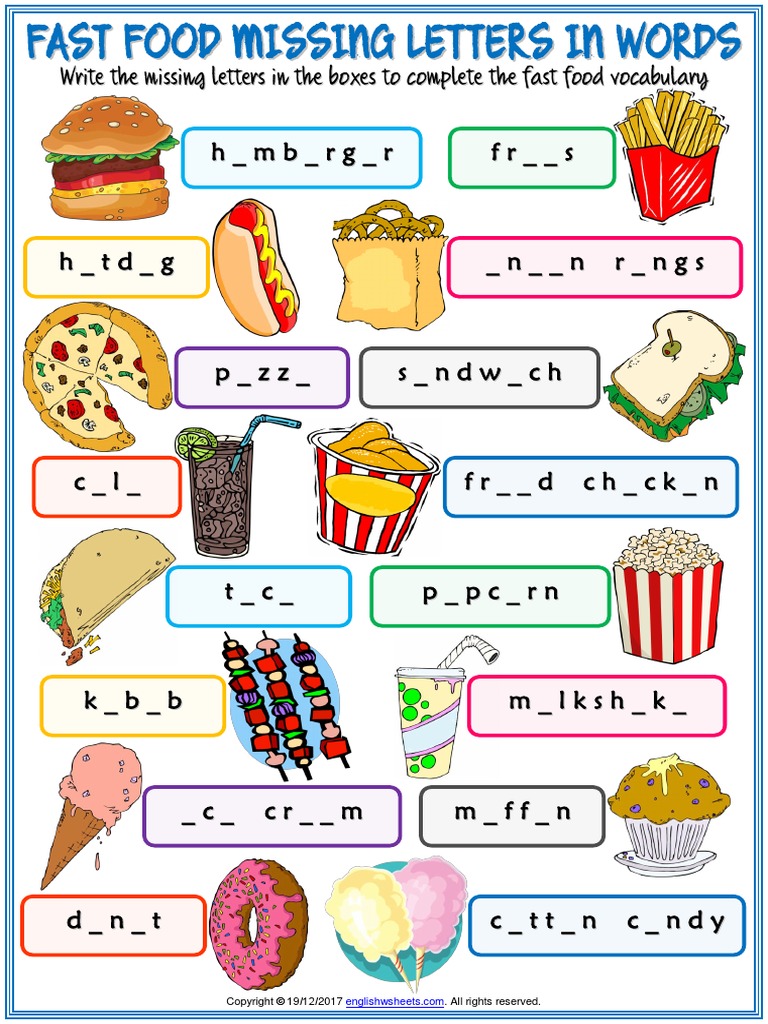 Fast Food Vocabulary Esl Missing Letters in Words Worksheet For Kids | PDF