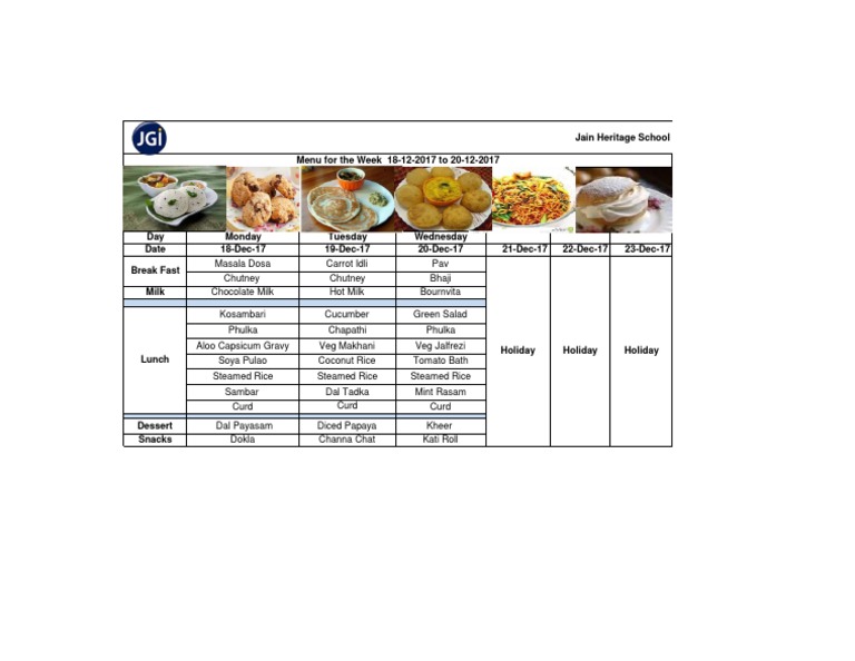 Jain Heritage School Menu For The Week 18-12-2017 To 20-12-2017 | PDF