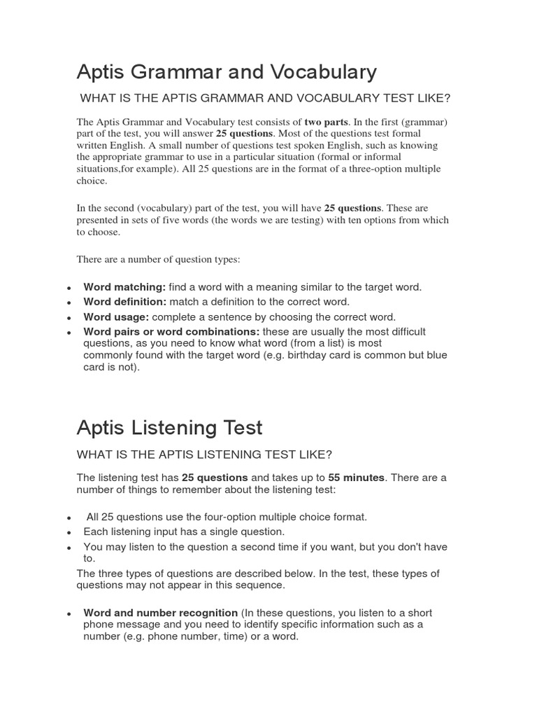 What Is The Aptis Grammar and Vocabulary Test Like? | PDF | Question ...