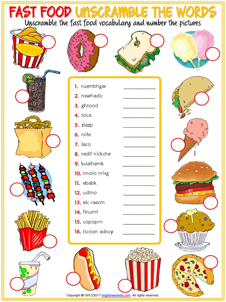 Fast Food Vocabulary Esl Unscramble The Words Worksheet For Kids | PDF