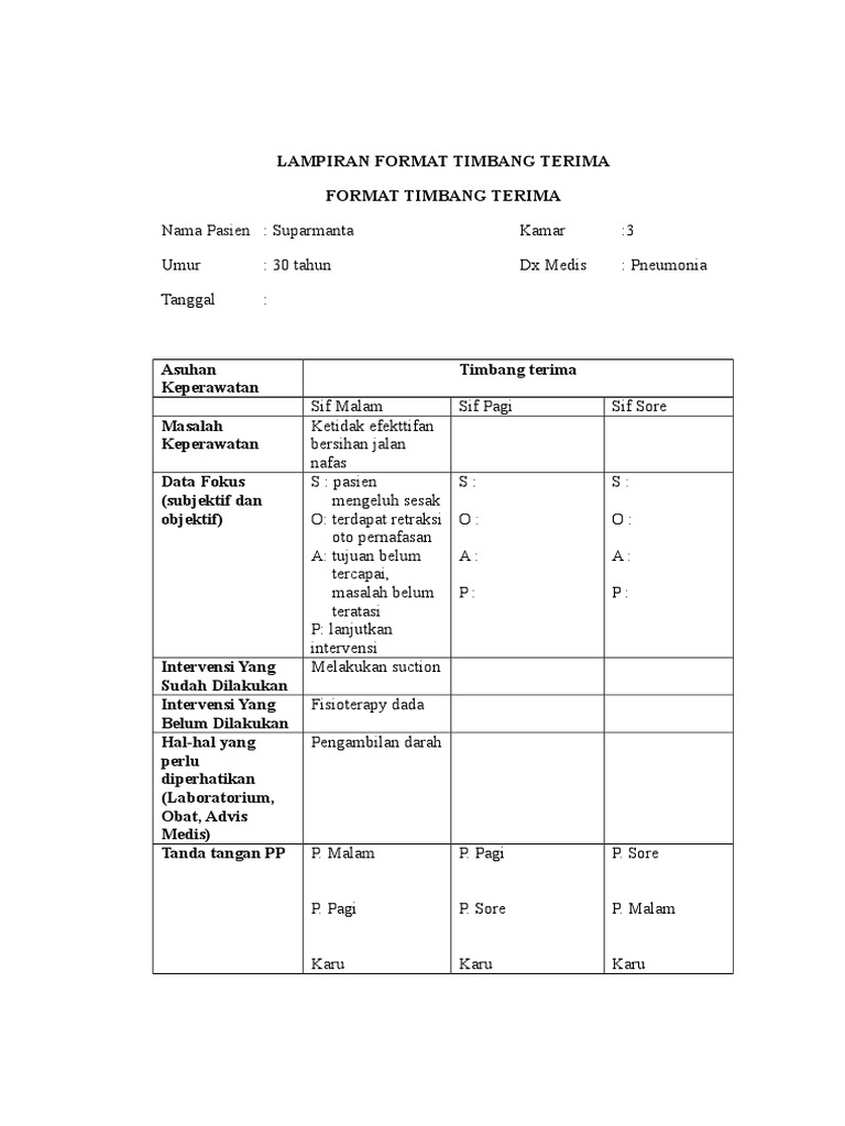 Format Timbang Terima Pasien Keperawatan | PDF