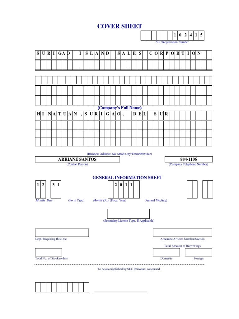 Cover Sheet: S U R I Gao I S L A N D S A L E S C O R P O R T I O N ...