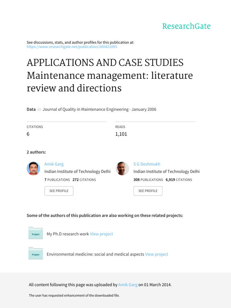 Maintenance Management Literature Review | PDF | Reliability ...