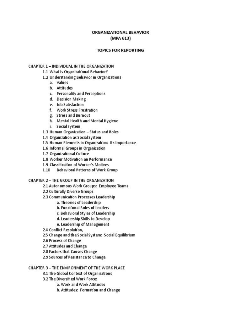 Organizational Behavior - Topics | PDF | Organizational Behavior ...