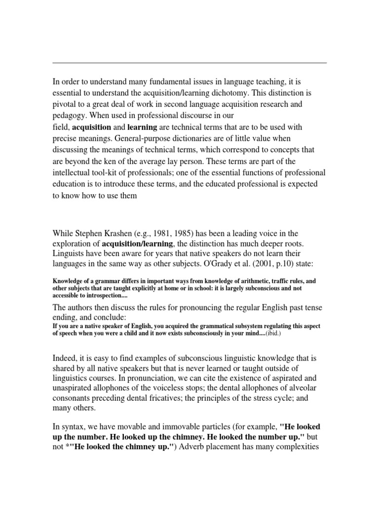 Learning Vs Acquisition | PDF | Language Acquisition | Linguistics