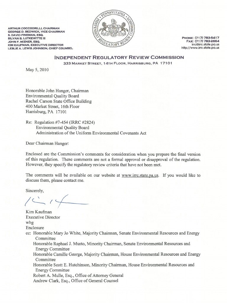 Independent Regulatory Review Commission: PHONE: (717) 783-5417 FAX ...
