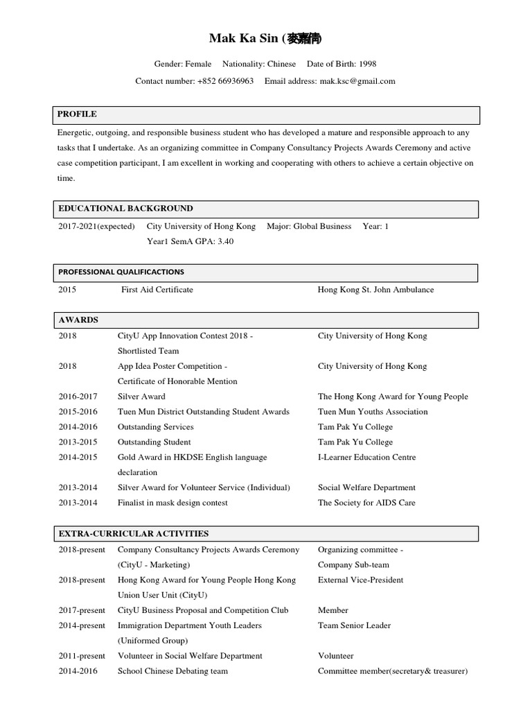 Business Student Profile and Achievements | PDF | Hong Kong | Languages