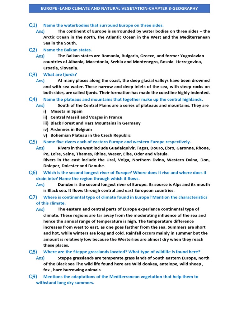 Europe - Land Climate and Natural Vegetation-Chapter 8-Geography | PDF | Atlantic Ocean | Balkans