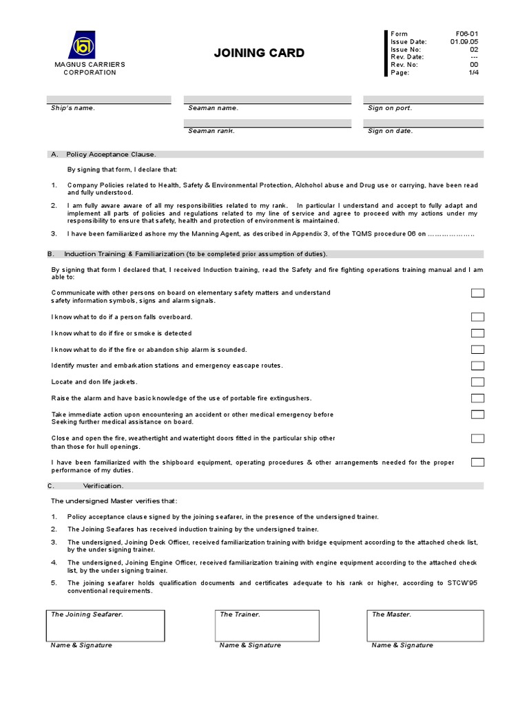 Joining Card: Ship's Name. Seaman Name. Sign On Port | PDF | Sailor ...