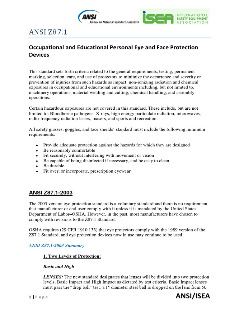 Ansi Z87 1 Occupational And Educational Personal Eye And Face