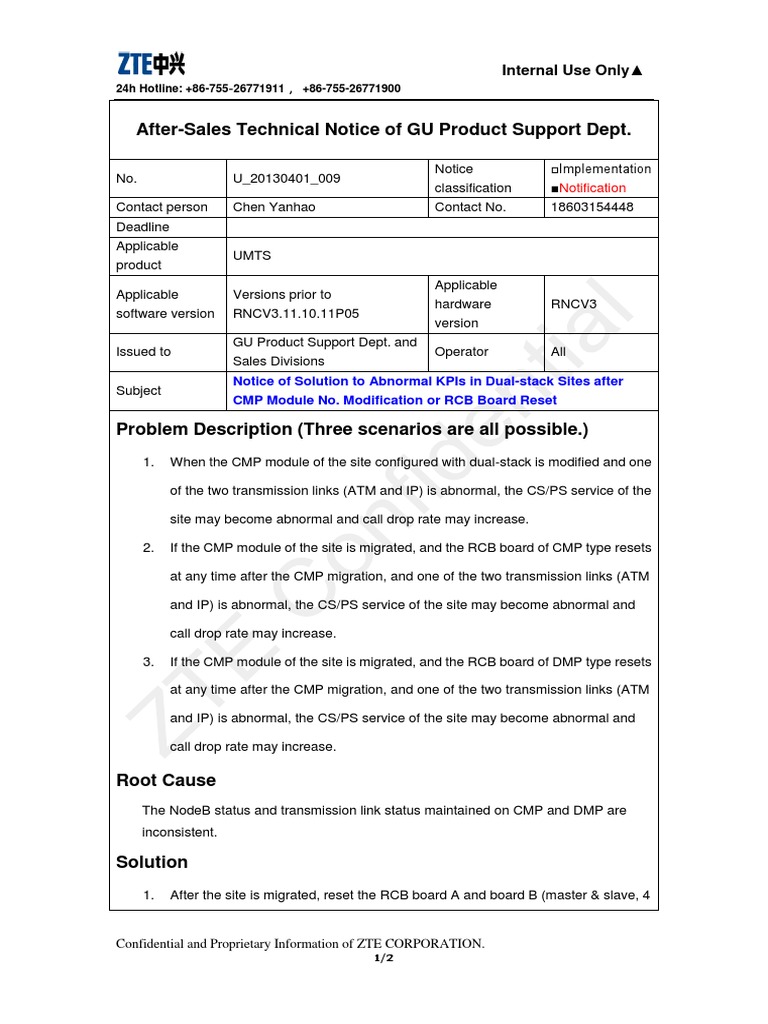 U - 20130401 - 009 (Notice of Solution To Abnormal KPIs in Dual-Stack ...