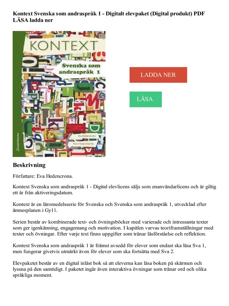 Kontext Svenska Som Andraspråk 1 - Digitalt Elevpaket (Digital Produkt ...