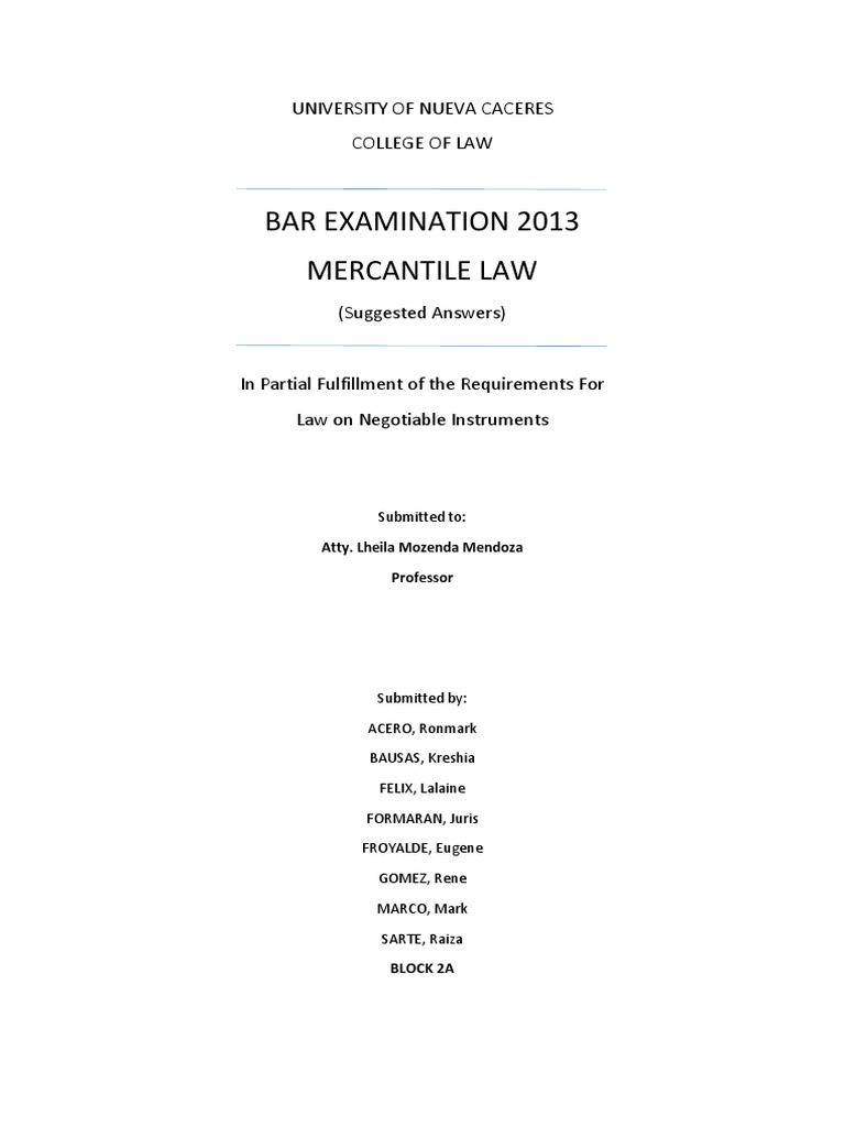 BAR EXAMINATION 2013 Compilation of Questions With Answers and ...