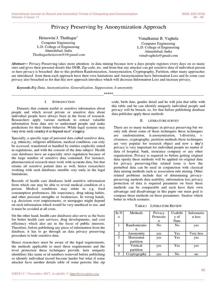 Privacy Preserving by Anonymization Approach | PDF | Public Key ...
