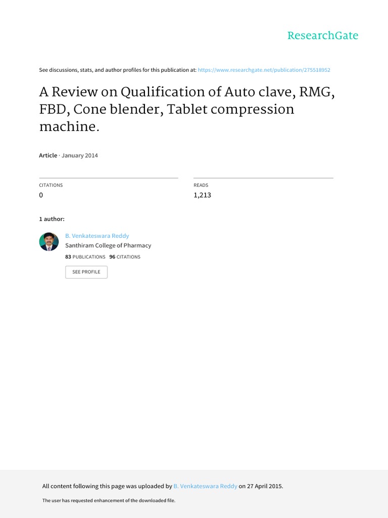 A Review On Qualification of Auto Clave, RMG, FBD, Cone Blender, Tablet ...