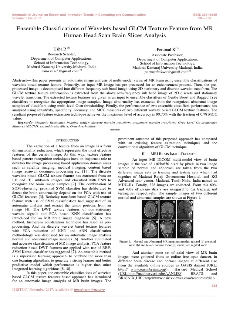 Ensemble Classifications of Wavelets Based GLCM Texture Feature From MR Human Head Scan Brain ...
