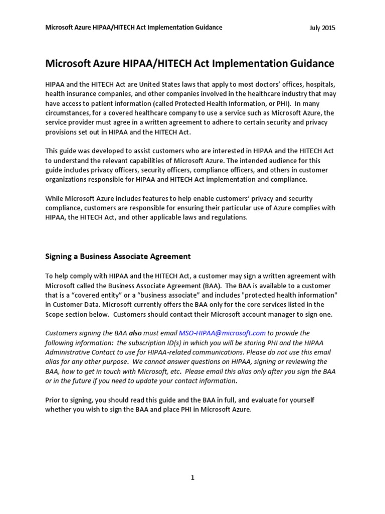 Microsoft Azure HIPAA Implementation Guide July2015 | PDF | Microsoft ...