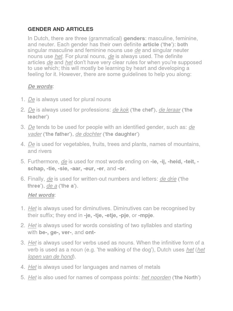 Dutch Gender and Articles | Download Free PDF | Grammatical Gender ...