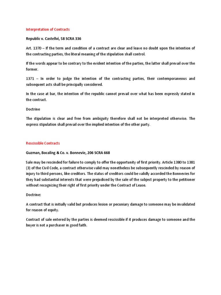 Rescissible COntracts | Assignment (Law) | Rescission