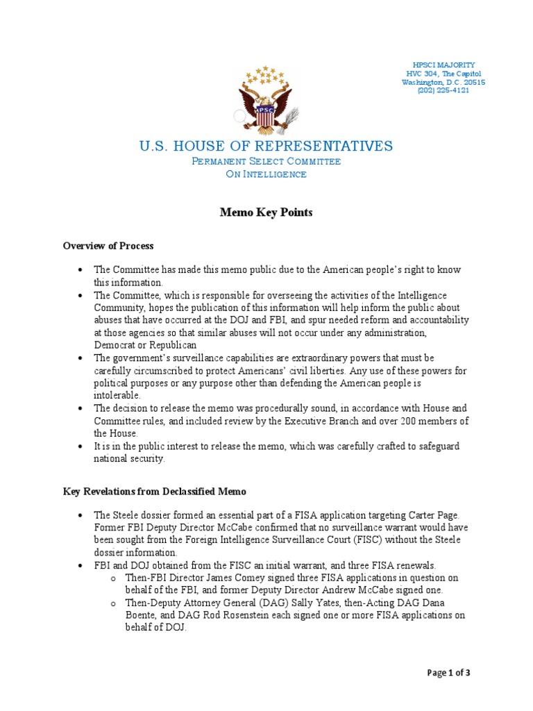 Hpsci Memo Key Points Final | PDF | United States Foreign Intelligence ...