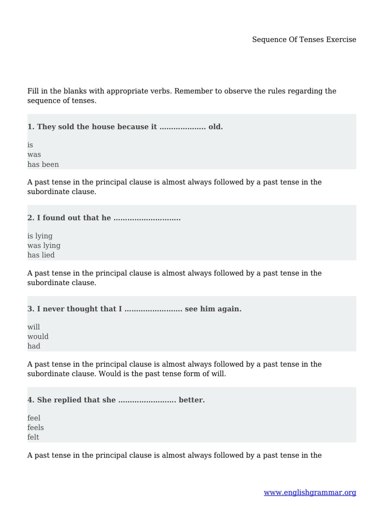 Sequence of Tenses Exercise | PDF | Grammatical Tense | Onomastics