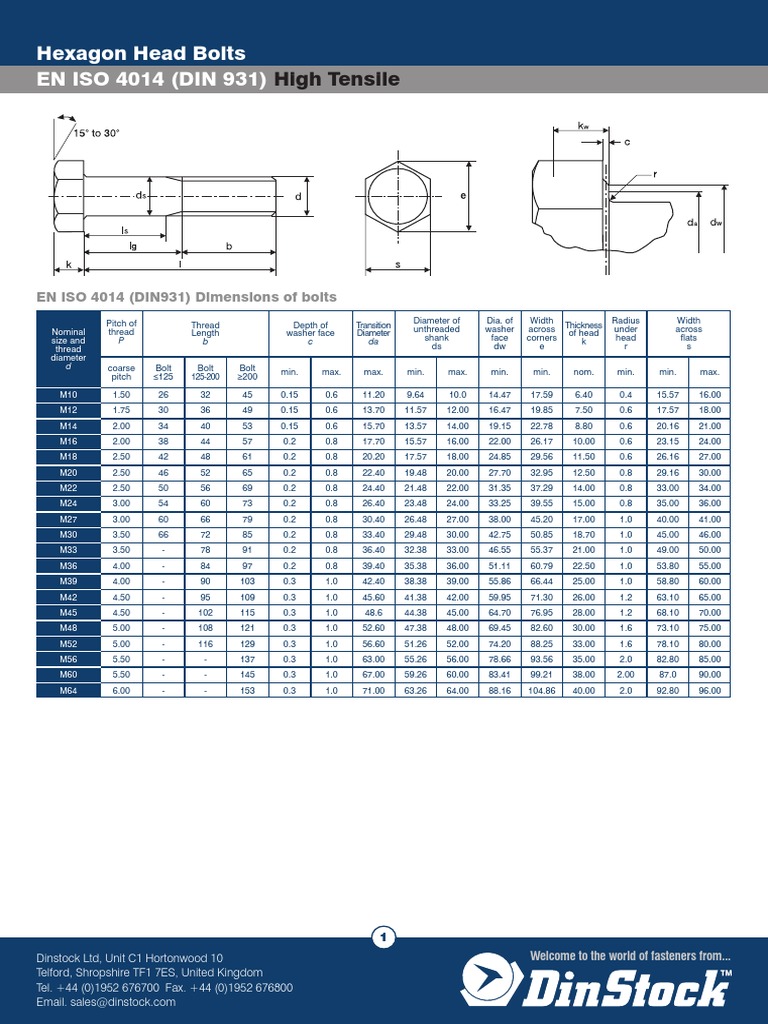 High Tensile: Hexagon Head Bolts EN ISO 4014 (DIN 931) | PDF | Screw ...