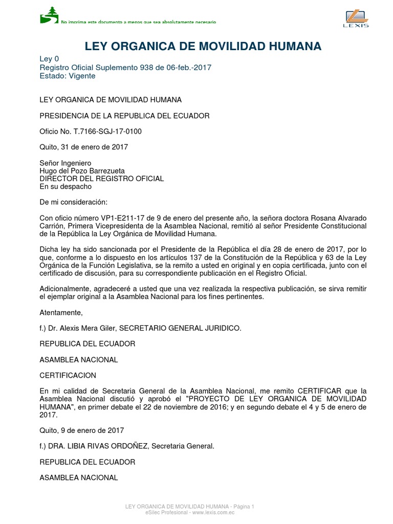 Ley Organica De Movilidad Humana Pdf Pdf Ecuador Cónsul