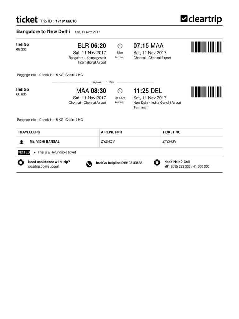 Cleartrip Flight Domestic E-Ticket | PDF | Aviation | Transport