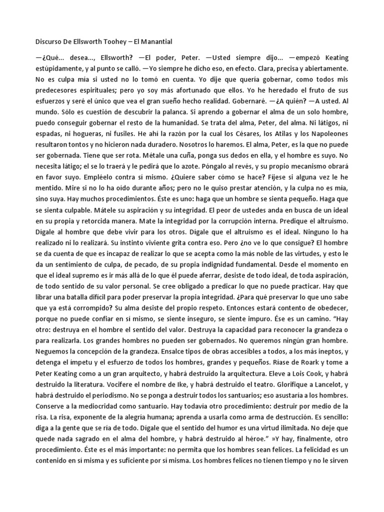 Discurso de Ellsworth Toohey | PDF | Felicidad | La risa