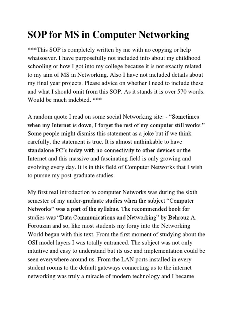 SOP For MS in Computer Networking | PDF | Computer Network ...