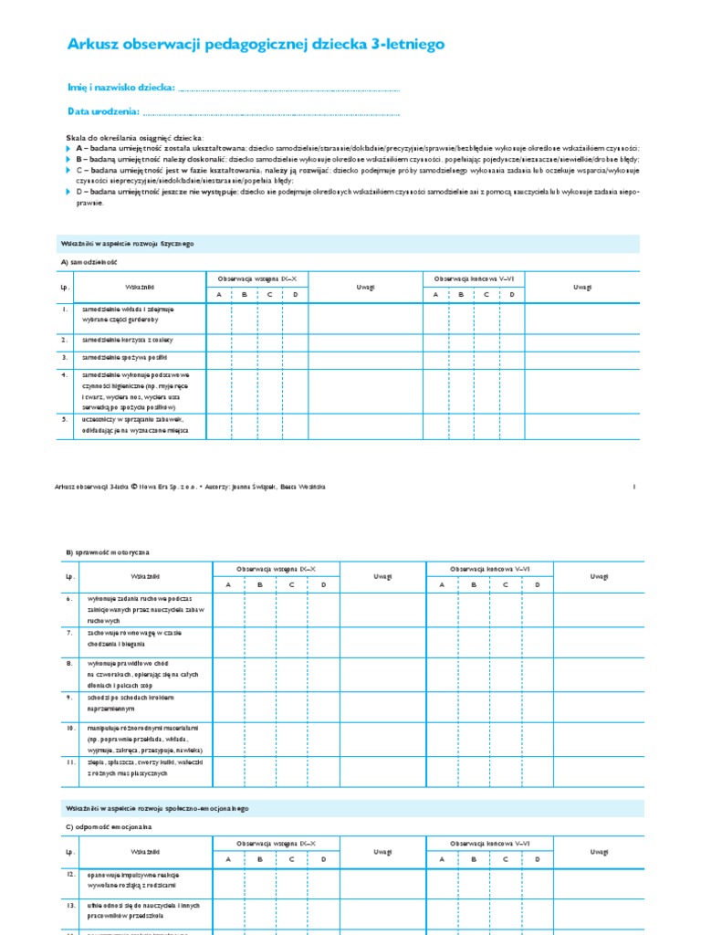 Arkusz Obserwacji 3 Latka | PDF