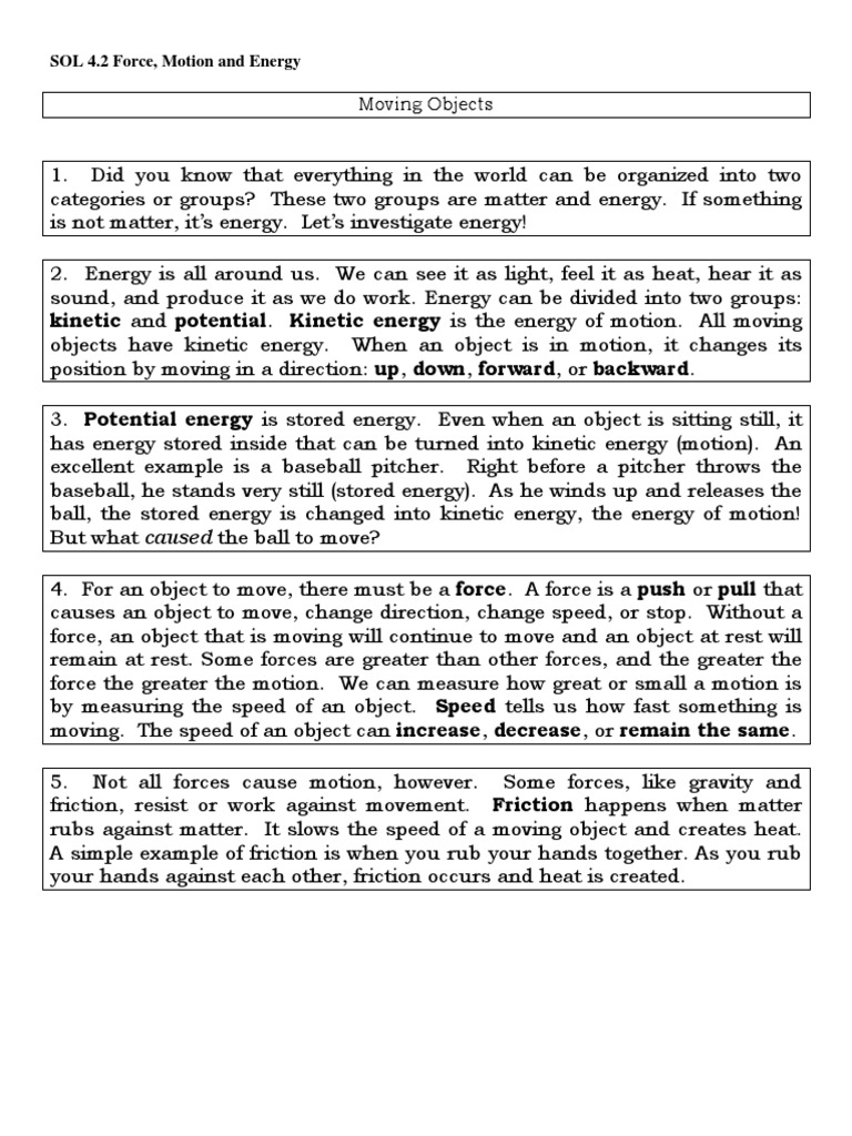 SOL 4.2 Force, Motion, Energy Moving Objects | PDF