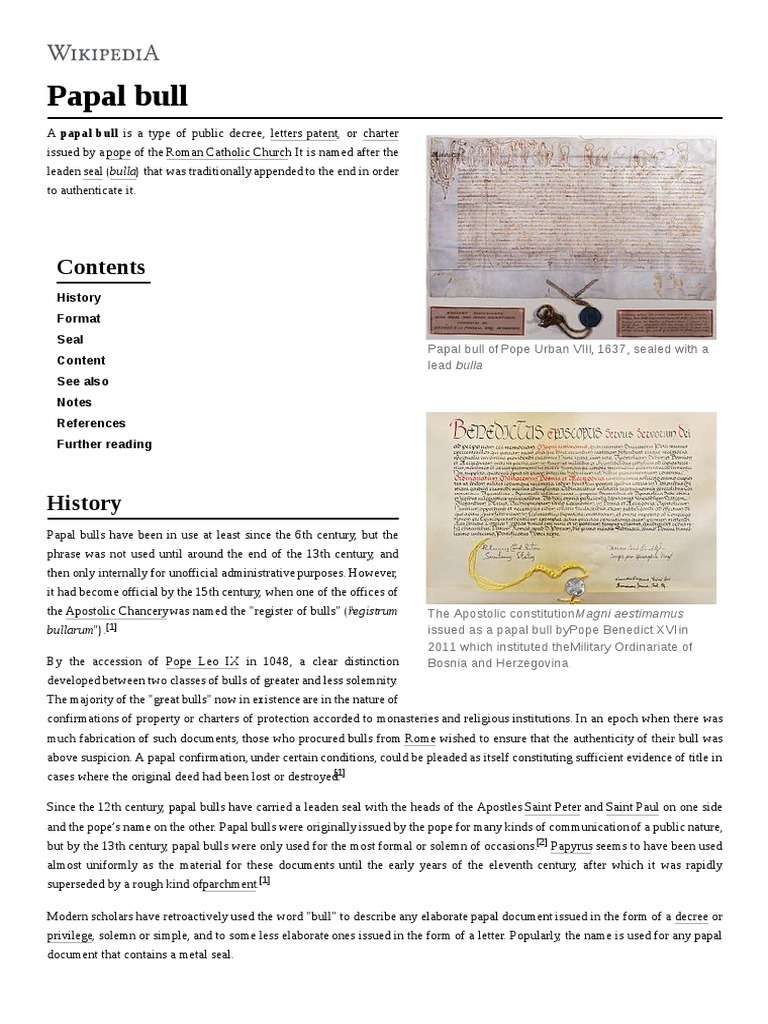 Papal Bull: History Format Seal Content See Also Notes References ...