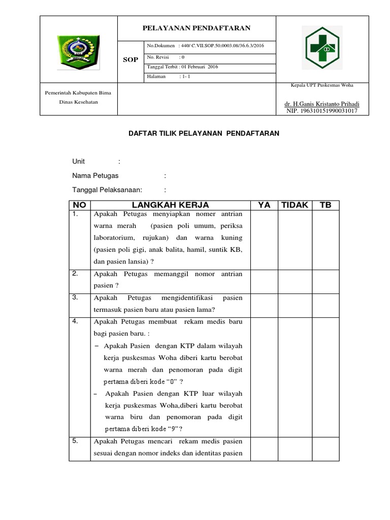 Daftar Tilik Pelayanan Pendaftaran Kesehatan | PDF