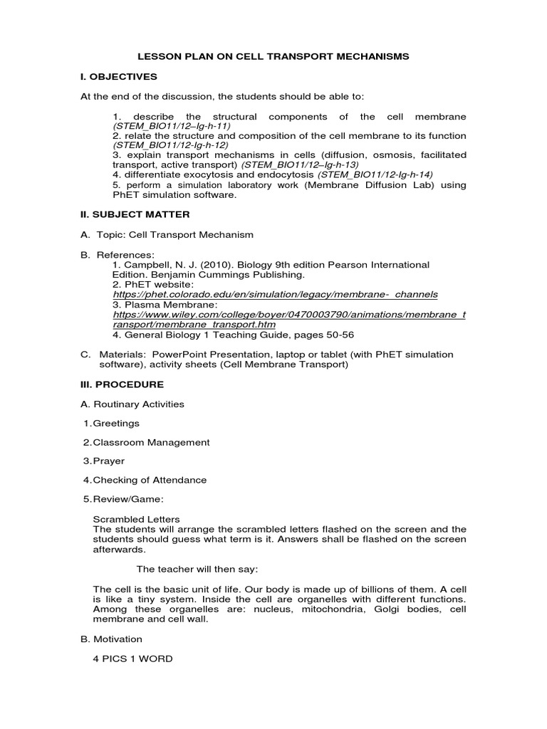 Lesson Plan On Transport Mechanisms | PDF | Cell Membrane | Molecular ...