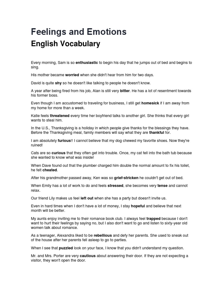 Feelings and Emotions Vocabulary | PDF