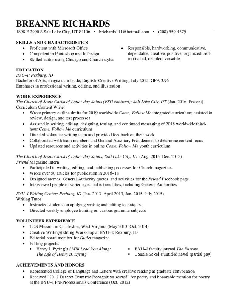 Resume Lds | Download Free PDF | Editing | The Church Of Jesus Christ ...