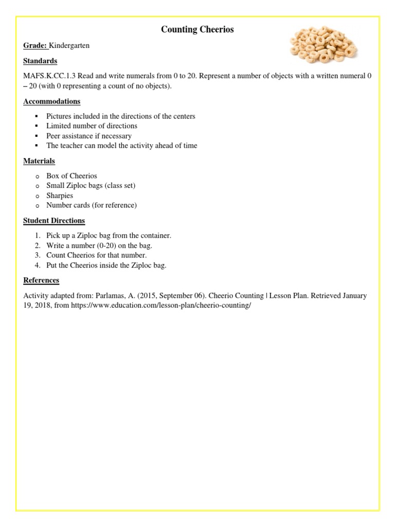 Counting Cheerios: Grade: Kindergarten Standards | PDF