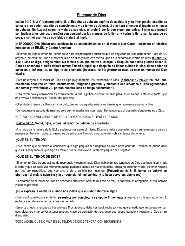 El Temor de Dios - Predica 17 Set 2017 | PDF | Espíritu | Mal