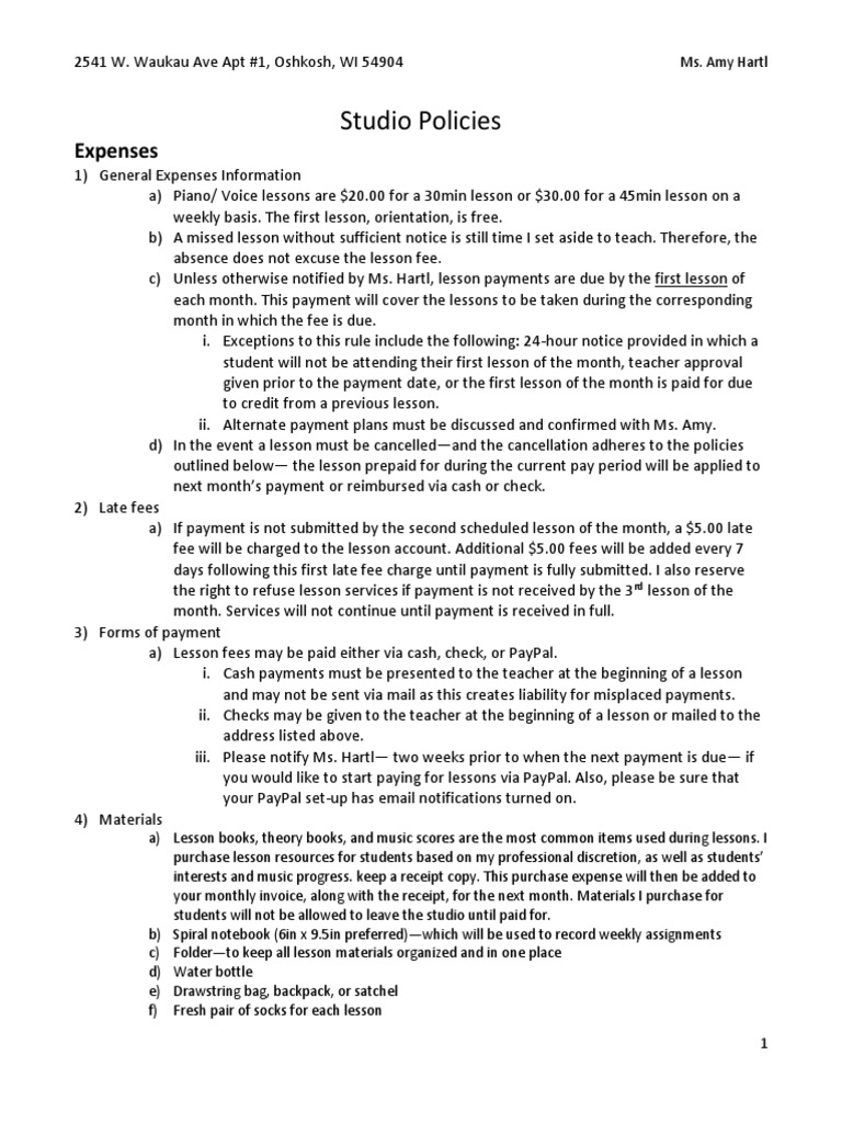 Music Lesson Policies & Guidelines | PDF | Fee | Teaching Method