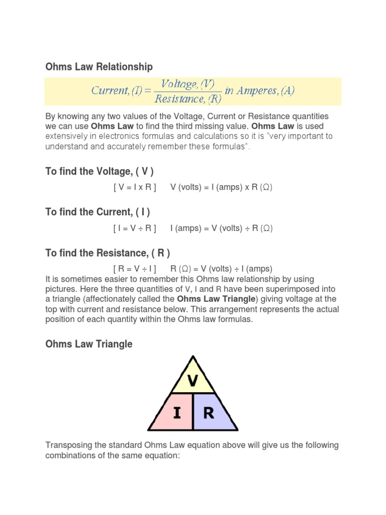 Ohms Law Relationship: (V = I x R) V (volts) = I (amps) x R (Ω) | PDF ...