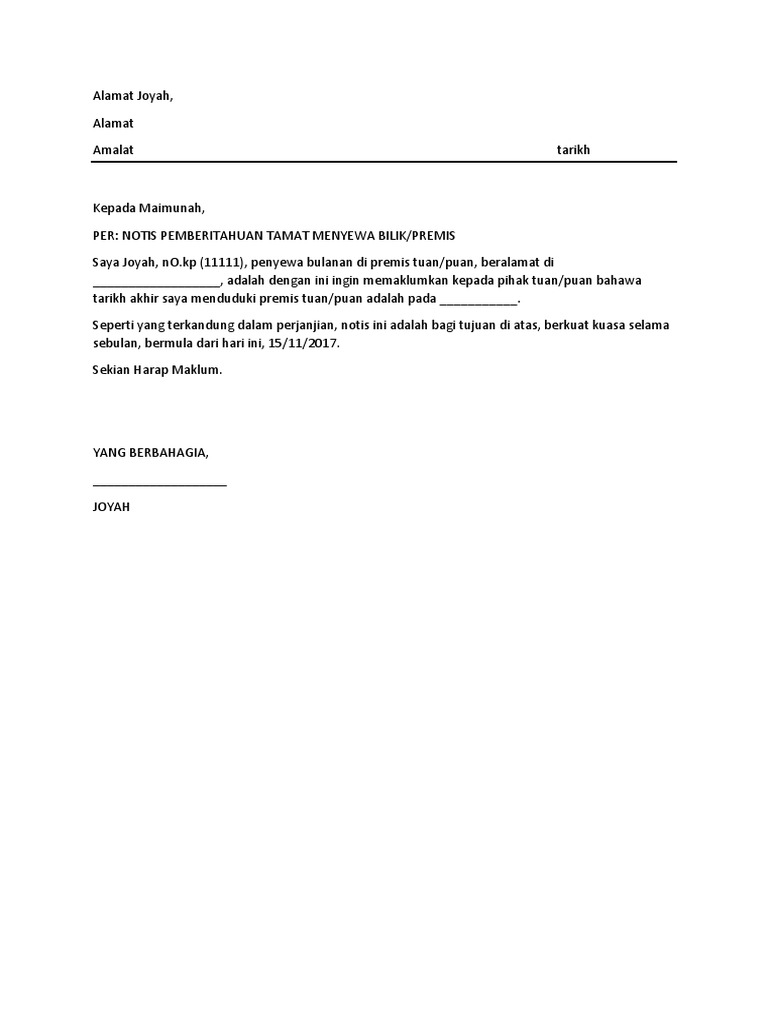 Contoh Notis Pemberitahuan Tamat Sewa | PDF