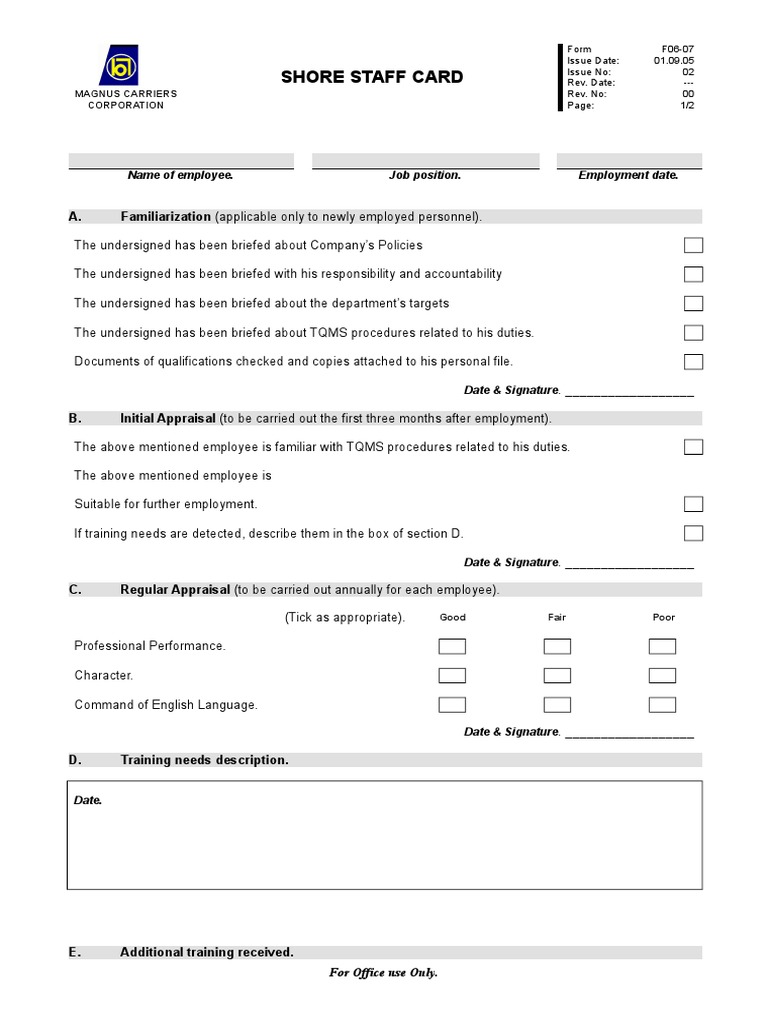 F0607 Shore Staff Familiarization Appraisal Report | PDF | Employment ...