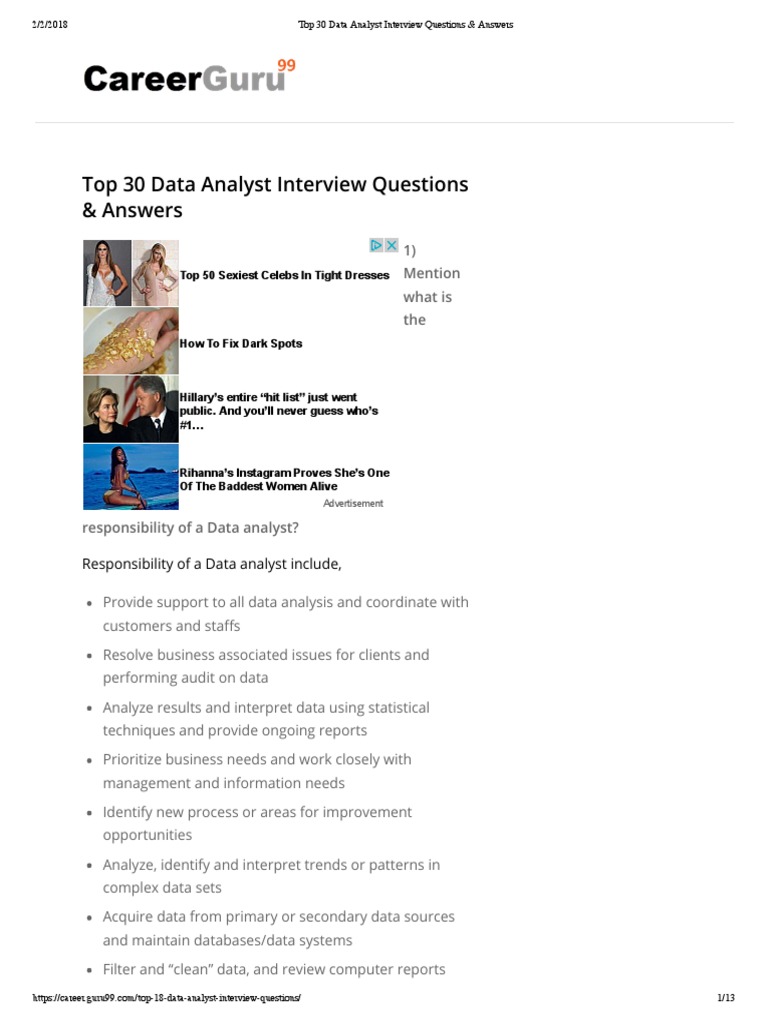 Top 30 Data Analyst Interview Questions & Answers | PDF | Data Analysis ...