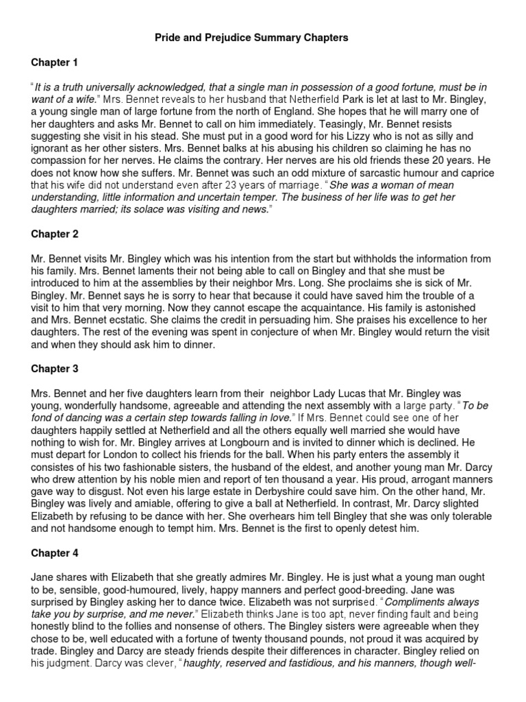 Pride and Prejudice SUMMARY | PDF | Mr. Darcy | Pride And Prejudice