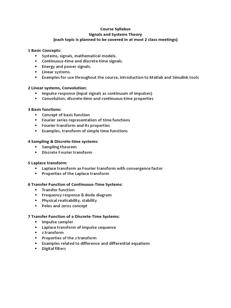 Course Syllabus - Signals and Systems | PDF | Discrete Time And ...