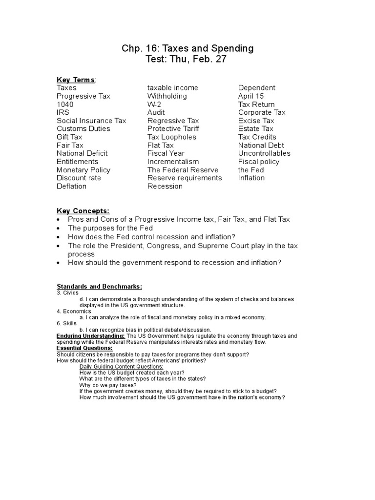 Chp. 16: Taxes and Spending Test: Thu, Feb. 27: Key Terms | PDF