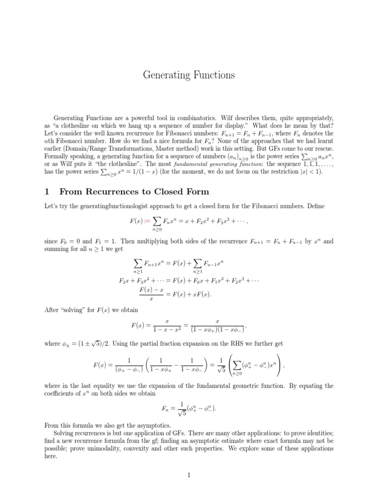 Generating Functions: 1 From Recurrences To Closed Form | Download Free ... Generating Functions: 1 From Recurrences To Closed Form | Download Free ...
