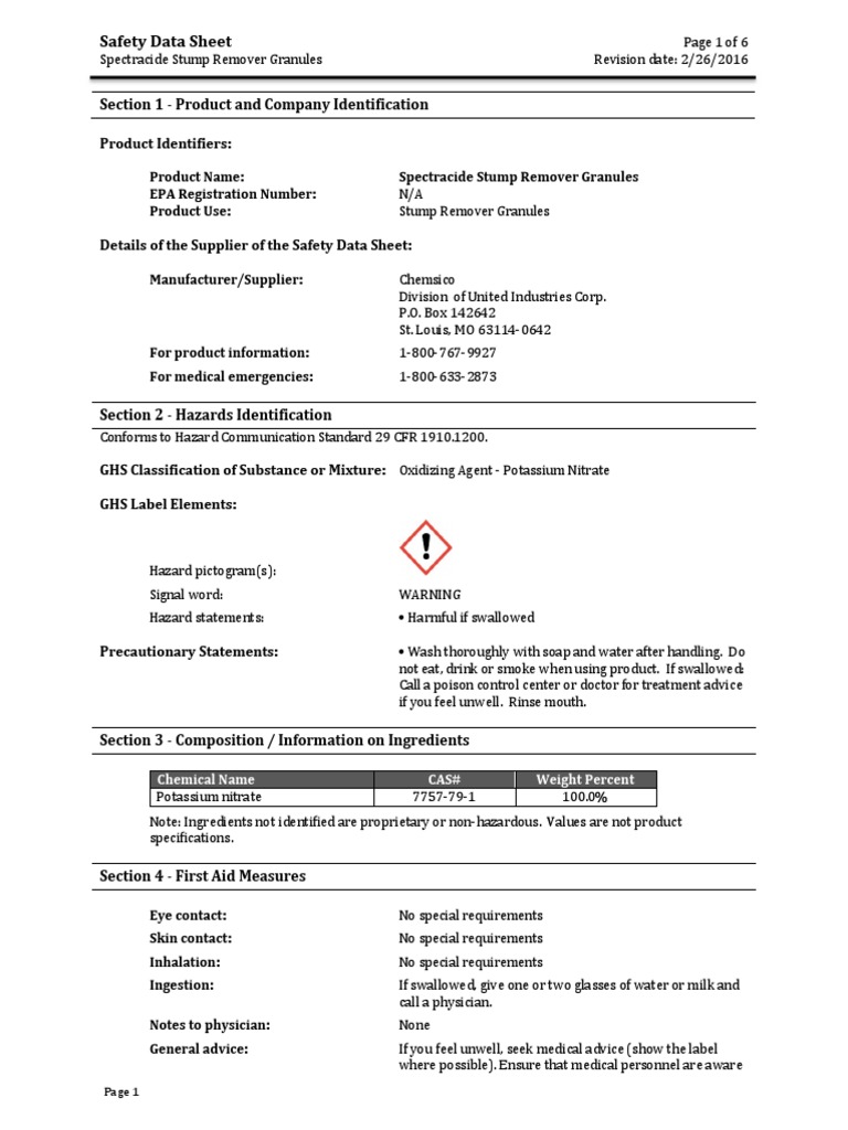 SpectracideStumpRemoverGranules SDS Feb16 | Safety | Chemistry
