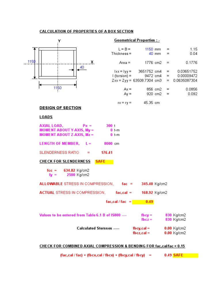 Calculation of Properties of A Box Section Geometrical Properties: - Y ...